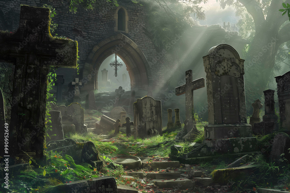 Old cemetery scene with ancient stones, crosses, and tombs along a path ...