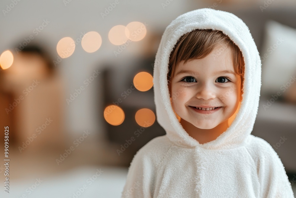 Child in a cute ghost costume with glowing edges, close-up, soft ...