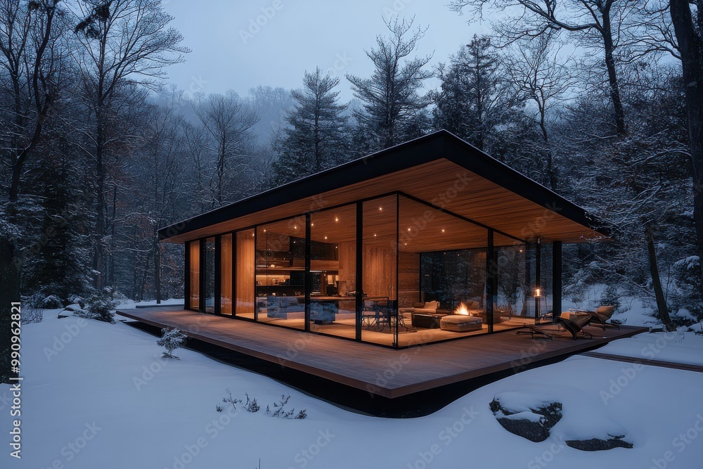 A stylish glass cabin featuring a modern interior, perfectly situated ...