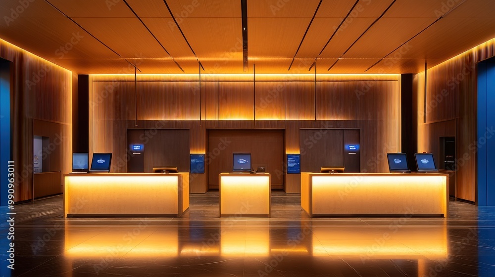 Modern reception area with illuminated desks featuring electronic check ...