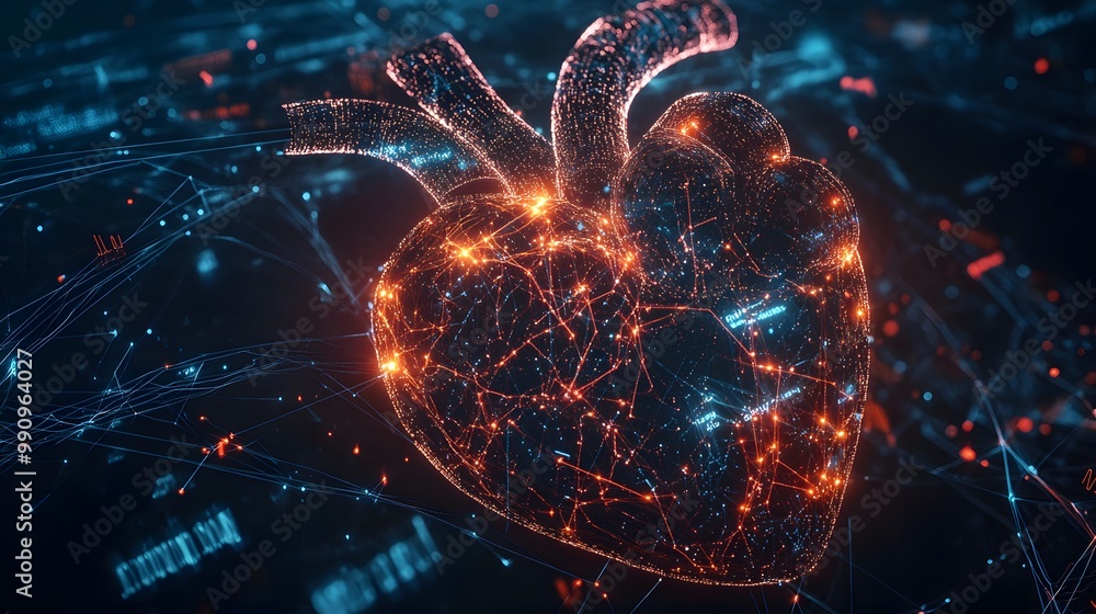 A human heart made of wires and screens, pulsing with binary code as it ...