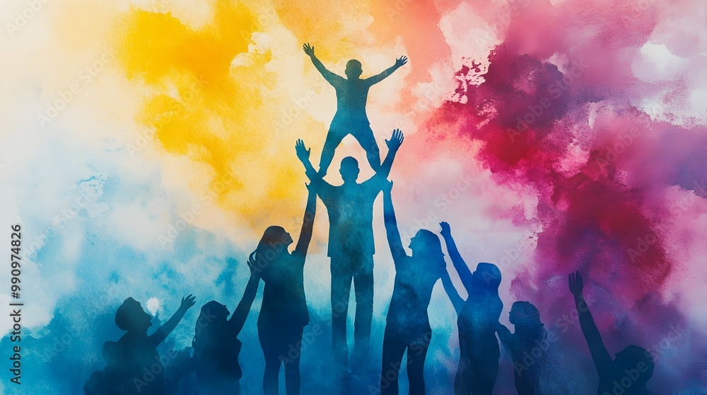 Watercolor of Hands Lifting Up a Leader Figure,Symbolizing Teamwork and ...
