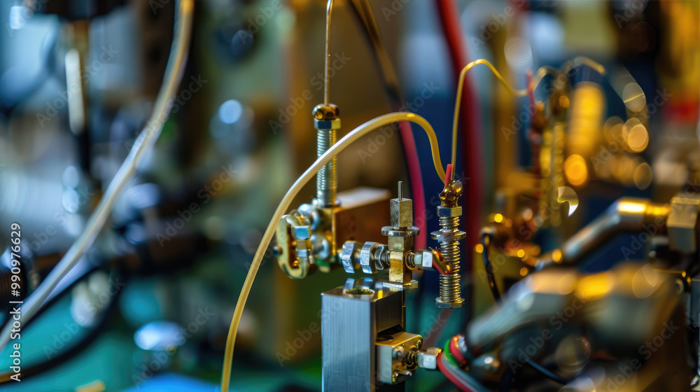 A detailed view of a laboratory with complex wiring and equipment ...