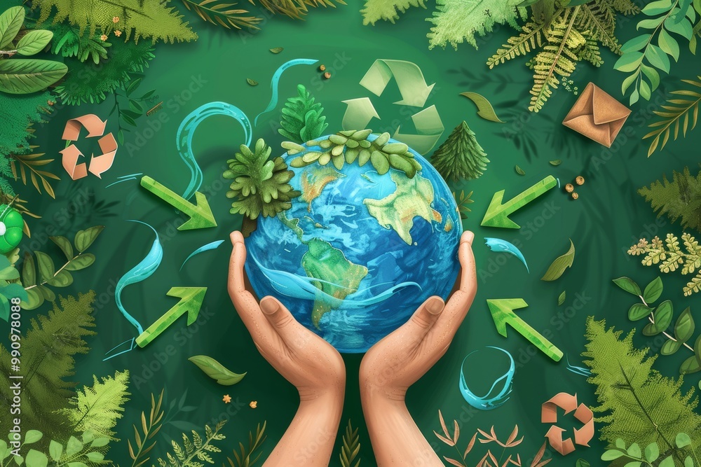 Eco-friendly hands holding earth with greenery and recycling symbols ...