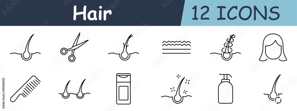 Hair set icon. Hair follicles, scalp, pH balance, hair treatment ...