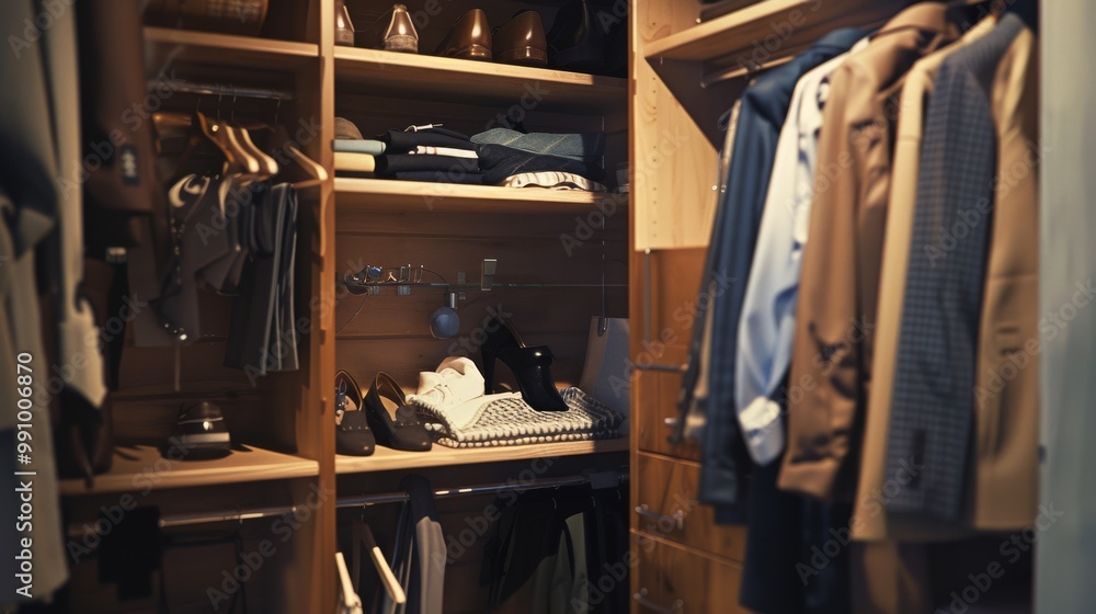 An intimate view of a well-organized closet with neatly folded clothes ...