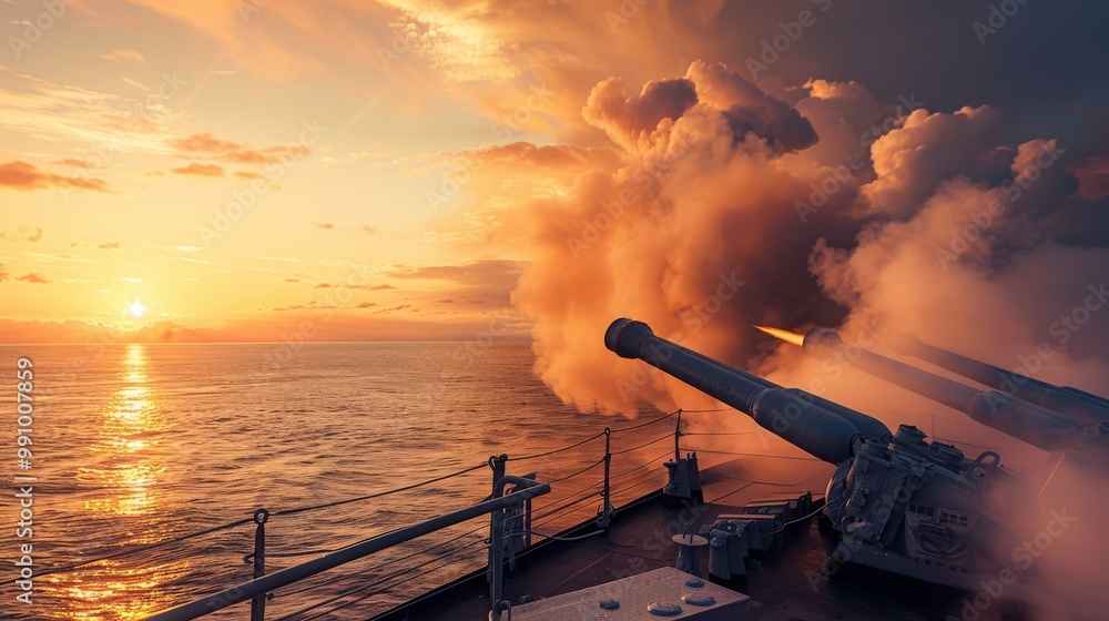 Naval cannons firing amidst a vibrant sunset, filling the sky with ...