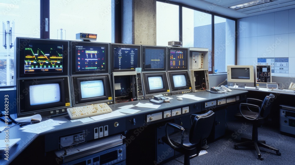 Advanced control room with multiple monitoring screens, control panels ...