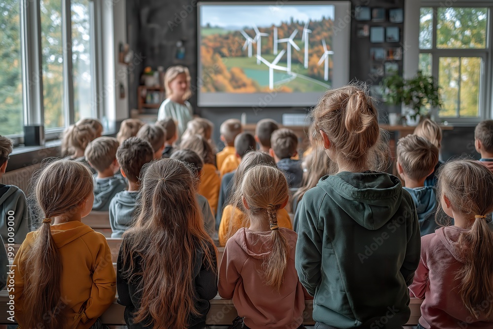 Students engaged in a renewable energy lesson in a classroom with a ...
