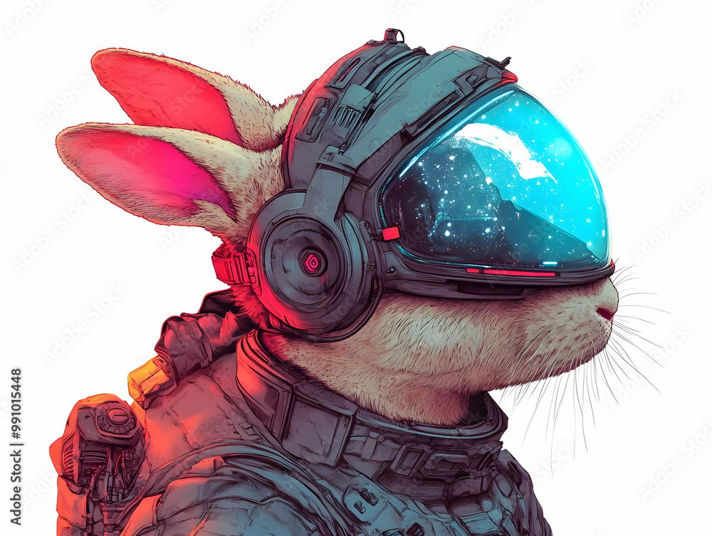 A futuristic rabbit in a space suit with a vibrant helmet, showcasing a ...