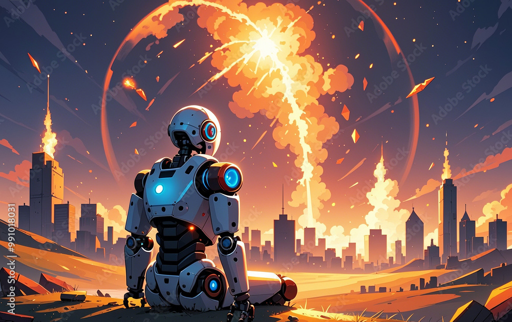 A robot overlooking the destruction of a city with explosion and fire ...