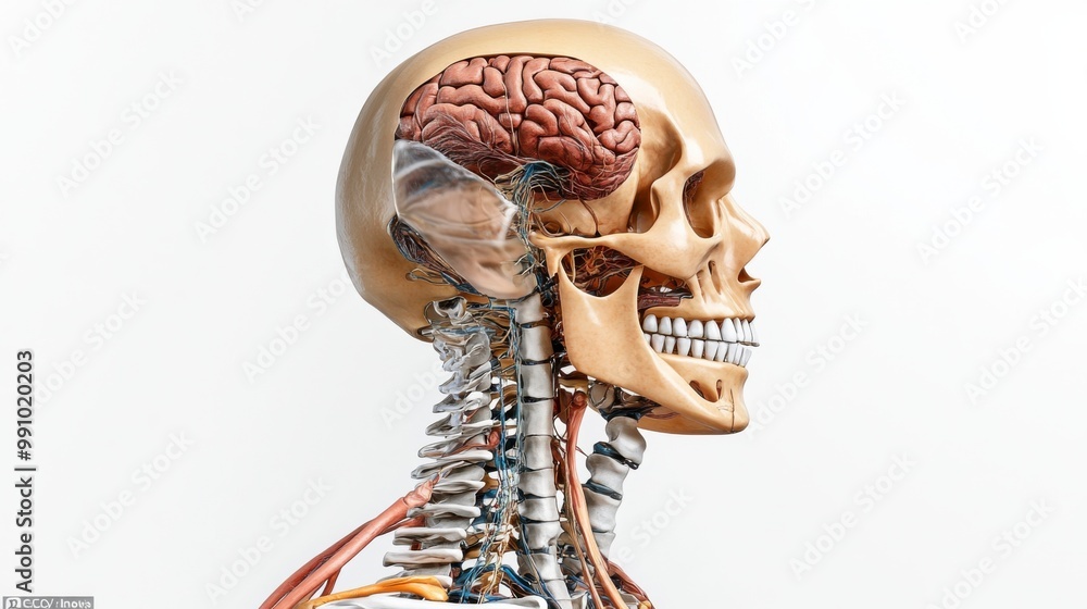 Detailed anatomical model of a human skull with visible brain, offering ...