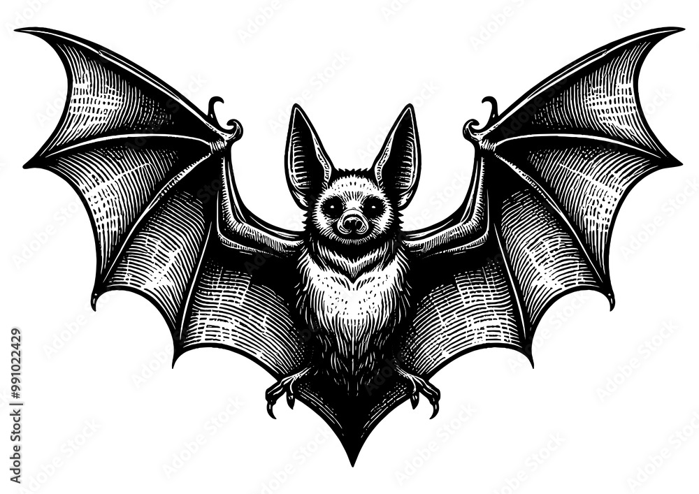 bat flying with its wings fully spread, intricate wing structure in a ...