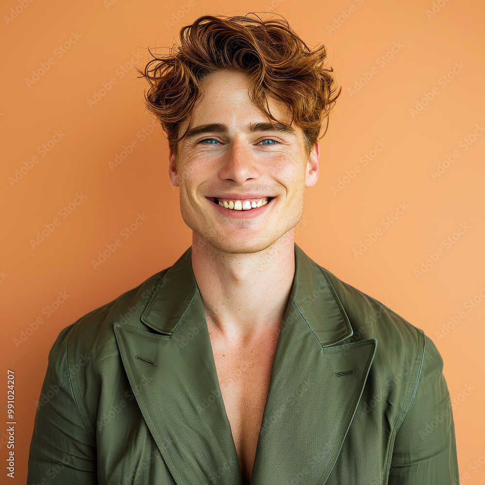 Portrait of a smiling copper-haired man in his 40s against an orange ...