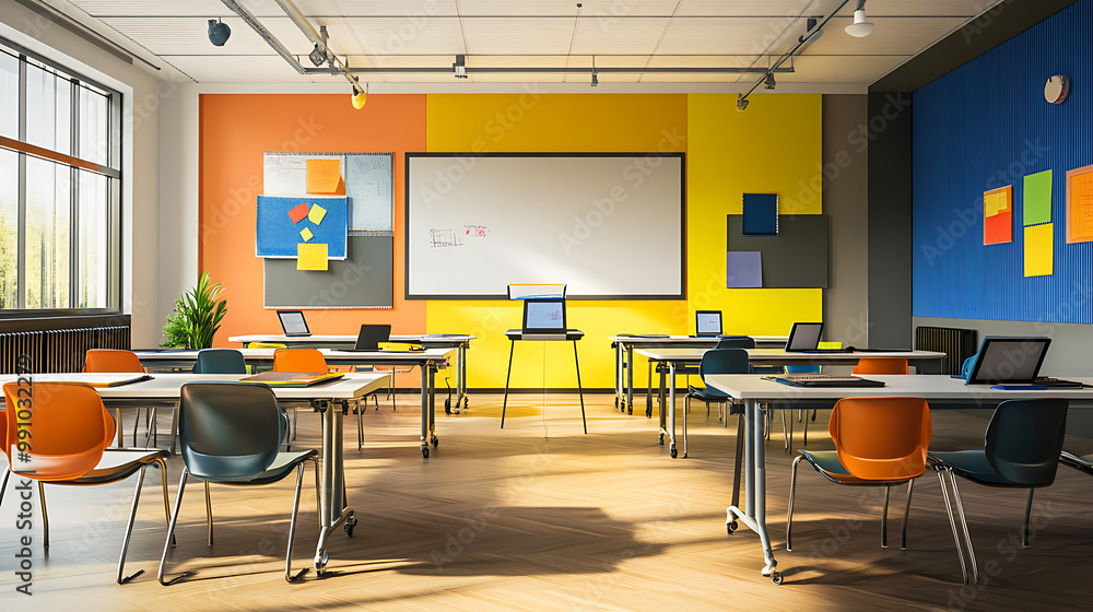 Charming background with a tech classroom setup, featuring interactive ...