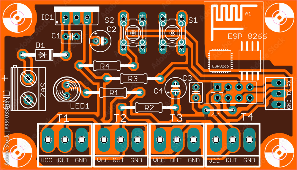 Vector printed circuit board of electronic device with components of ...
