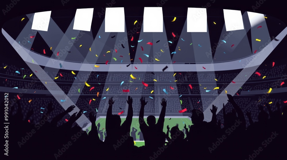 Stadium filled with load fans cheering and throwing confetti during a ...