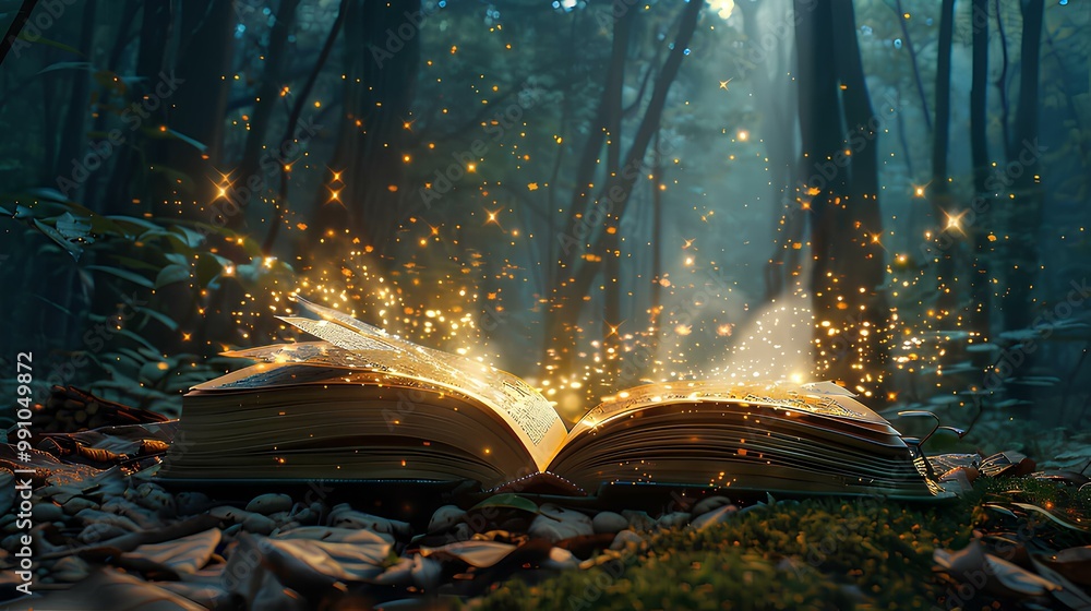 Magic book in the forest with magical golden rays. fairytale fantasy ...