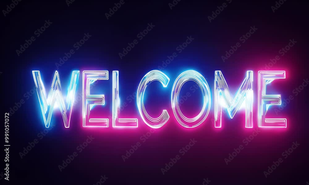 Bright neon "welcome" sign glowing in pink and blue lights on a dark ...