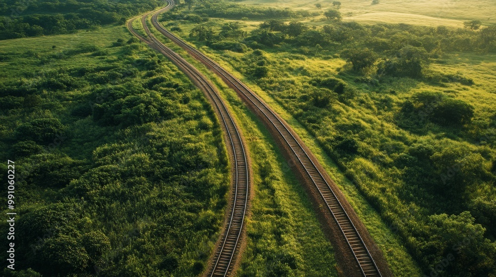 An aerial view of winding railroad tracks cutting through a lush green ...