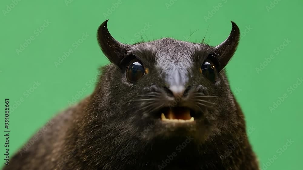 A peculiar creature with dark fur and small horns gazes curiously at ...