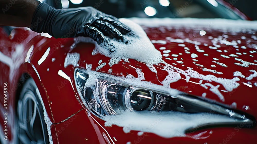 a hand cleaning the hood of a red car, covered in foamy white soap suds ...