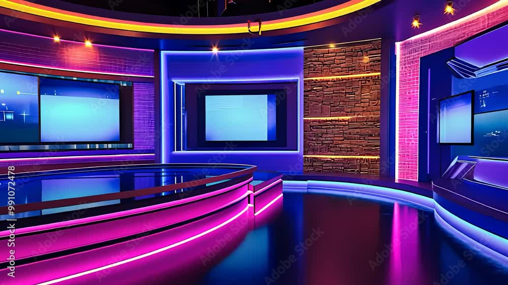 Modern TV studio with vibrant LED lighting, futuristic set design, digital screens, and sleek ...