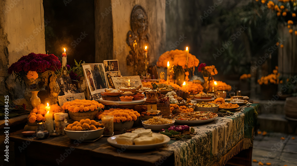 Ofrenda table filled with traditional foods, marigolds, and photos ...