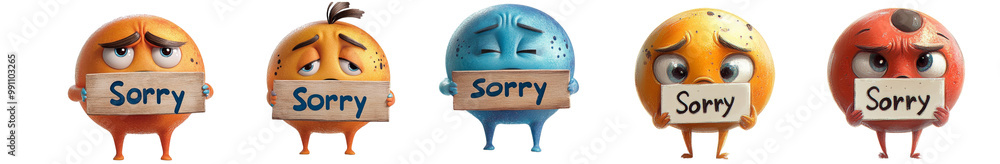 group of colorful, round characters expressing apologies with signs ...