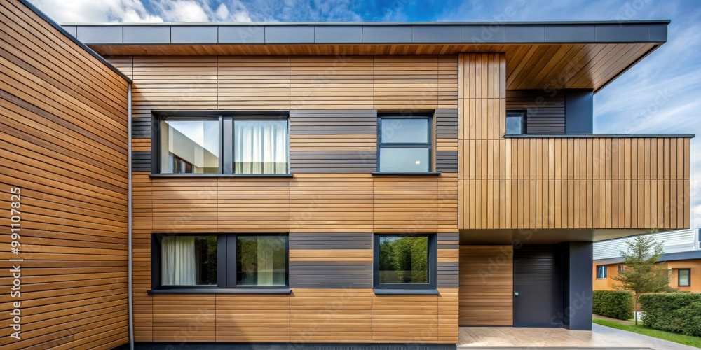 Wood texture composite cladding installation on modern house facade ...