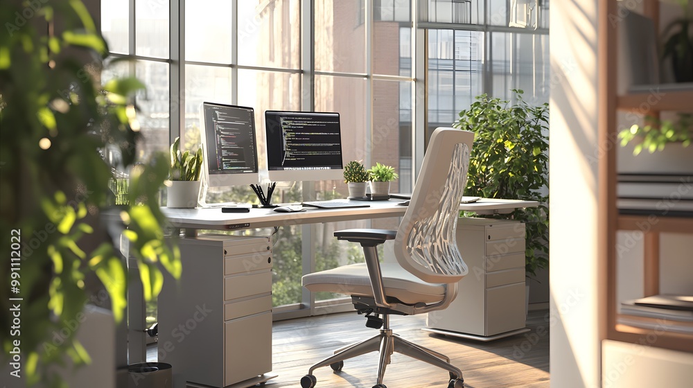 Ergonomic Office Setup: A sleek, modern workspace with adjustable ...