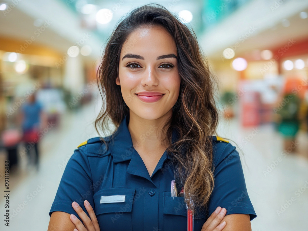 Female security guard on duty, patrolling a shopping mall with a calm ...