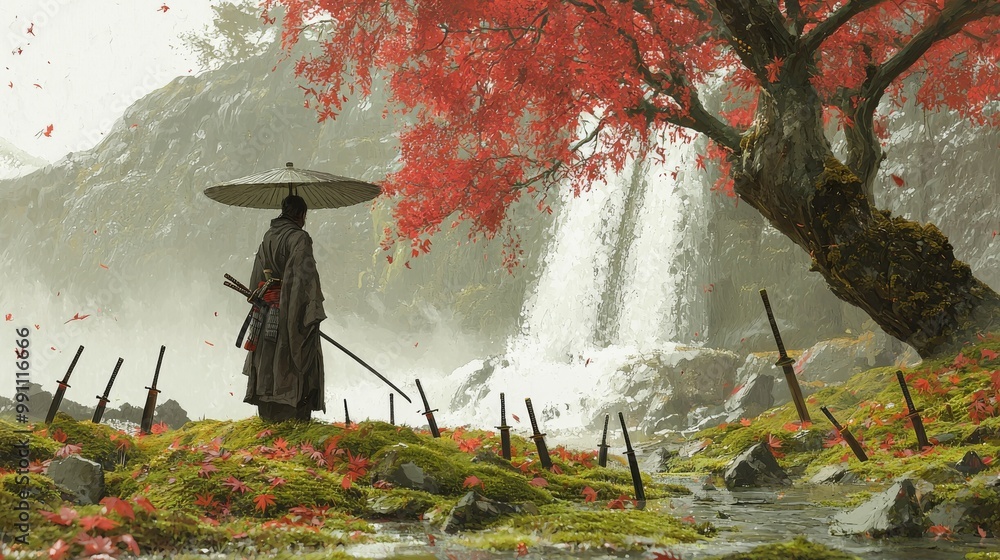 In this illustration painting, you will see a samurai standing in a ...