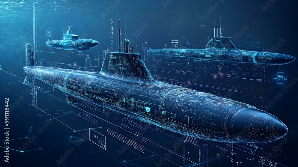 Futuristic submarines with digital interface in a deep ocean ...