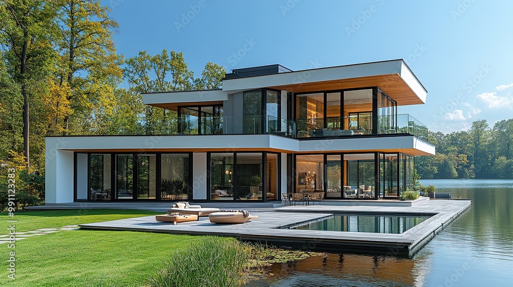 A modern lake house with a blue and white exterior overlooks the water ...