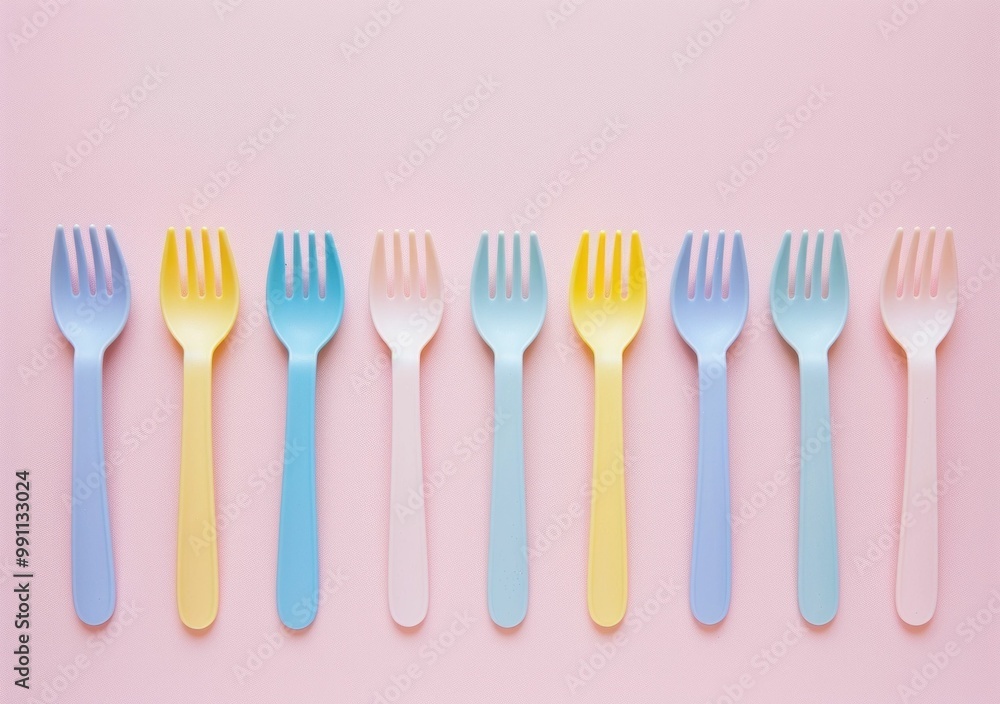 Colorful plastic forks arranged in a row on a soft pink background ...