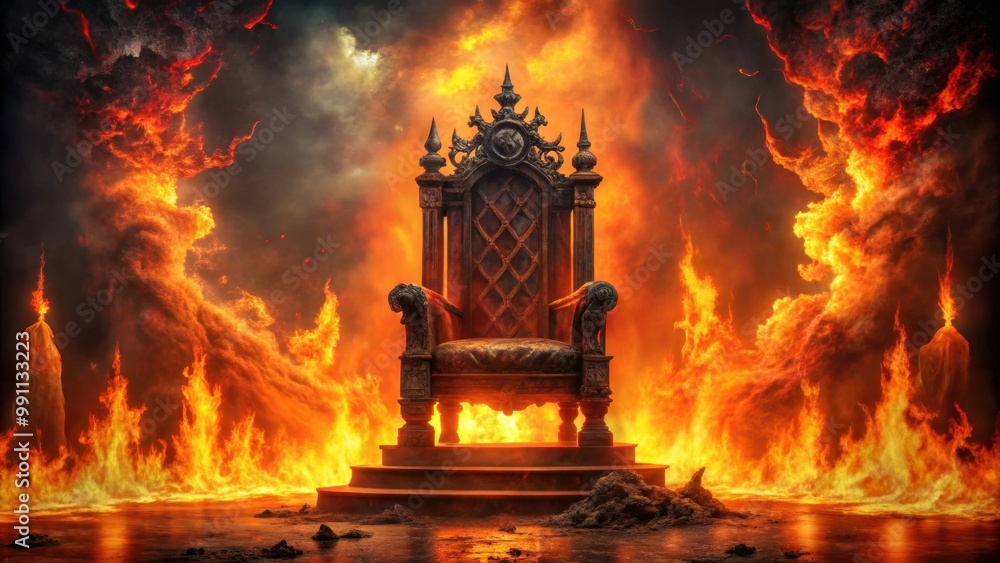 Demonic throne in hell surrounded by fire and brimstone, creating an ominous setting, demon ...