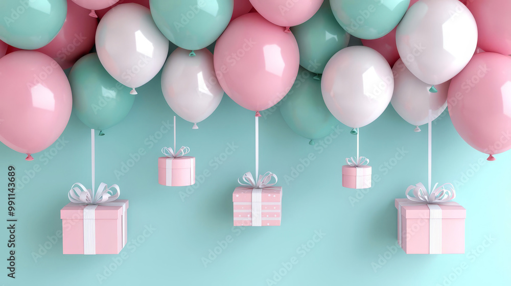 Baby shower background, floating balloons, tiny baby gifts, whimsical ...