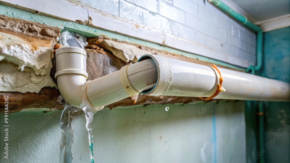 A close-up photo of a damaged PVC water pipe leak in a building with ...
