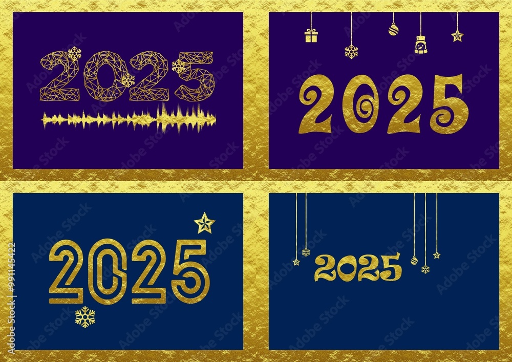 4 Golden wish card new year 2025 with geometric font, snowflake, sound ...
