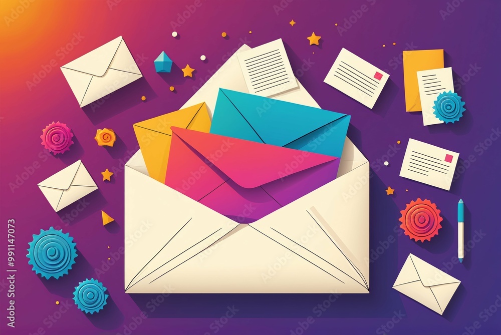 Colorful bright envelopes with letter, postmark, stamp on purple pink ...