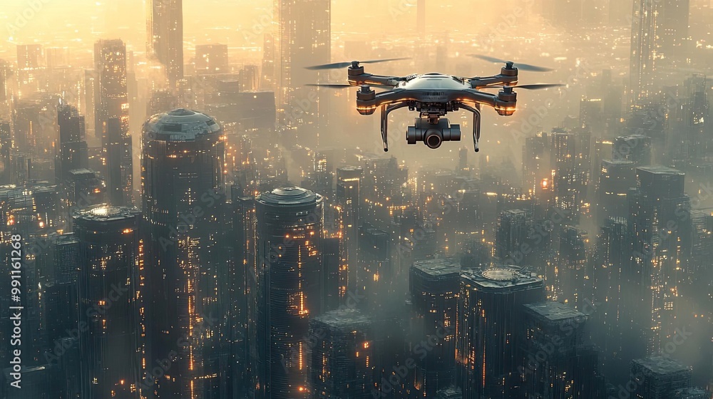 Front view of a drone soaring above a sprawling futuristic metropolis ...