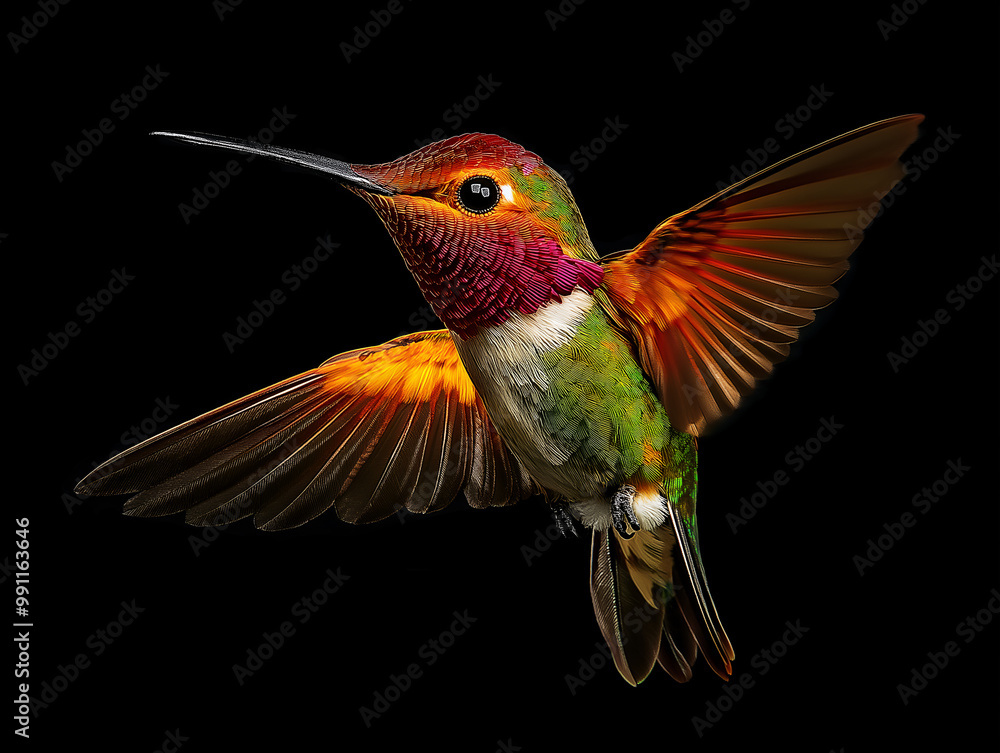 Hummingbird in Flight: A vibrant hummingbird with iridescent plumage ...