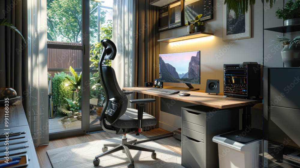 A comfortable and ergonomic home office setup with a high-back chair ...