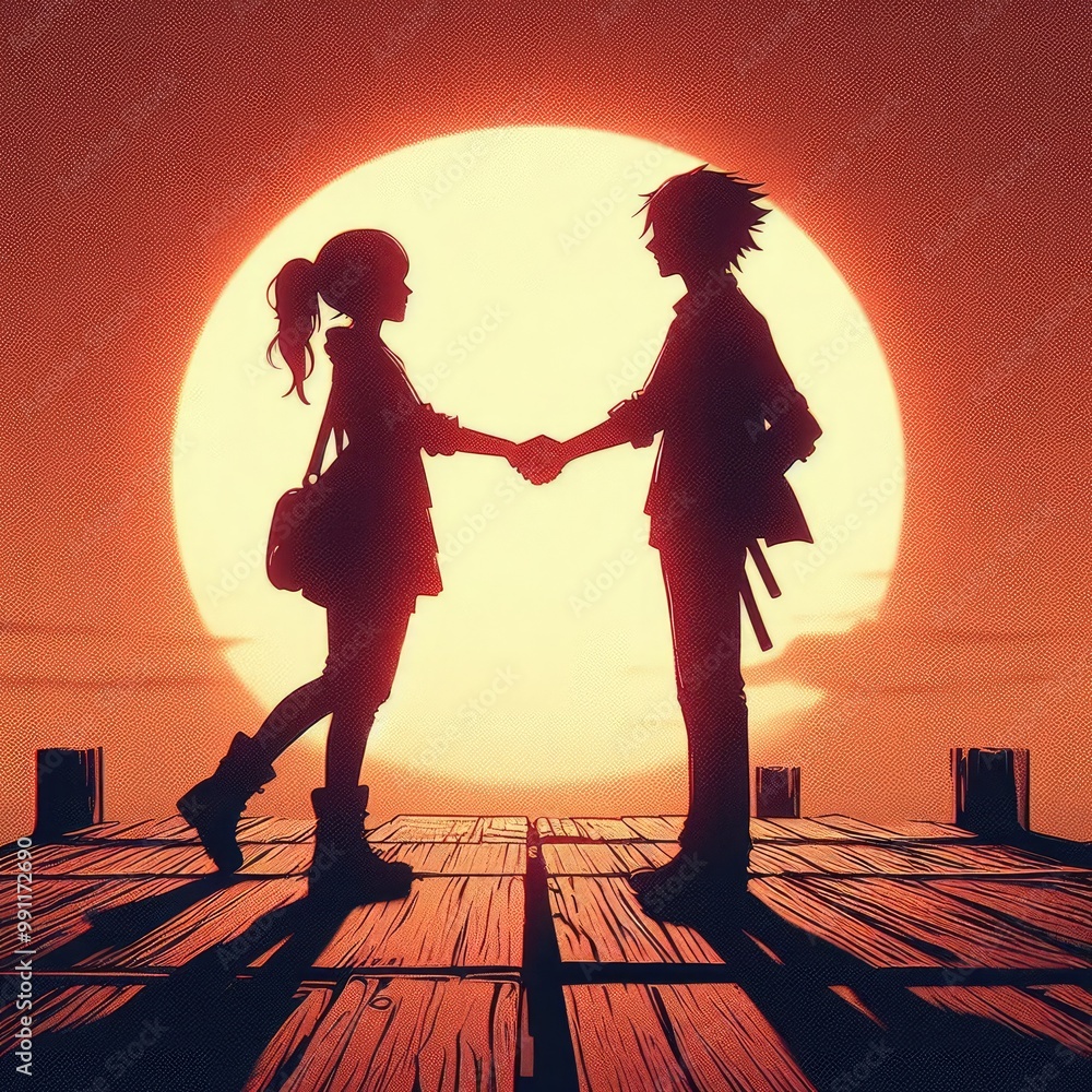 Silhouettes of couple, shaking their hands as a sign of an agreement or ...