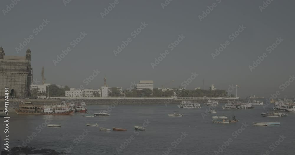 Mumbai, India. Many Boats with Tourists floating on the Arabian Sea. Tourists boats floating ...