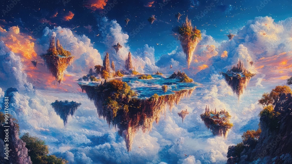 Surreal landscape of floating islands, vibrant colors blending with ...