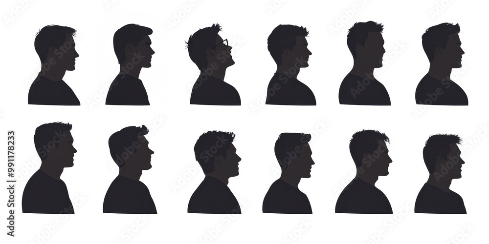 Twelve male head silhouettes in profile view, showing various ...