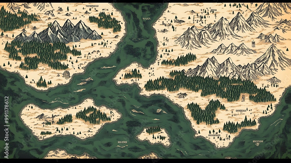 Hand-drawn map of a fantasy world with mountains, forests, and rivers ...