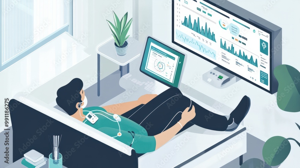 A remote patient monitoring setup, showing a patient wearing health ...
